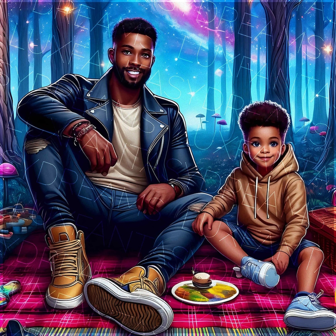 Black Father and Son Illustration Dad Family Galaxy Stars Afro Father's ...