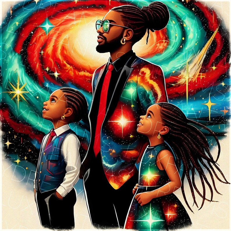 Black Father and Children Illustration Dreadlocks Dad Family Galaxy ...