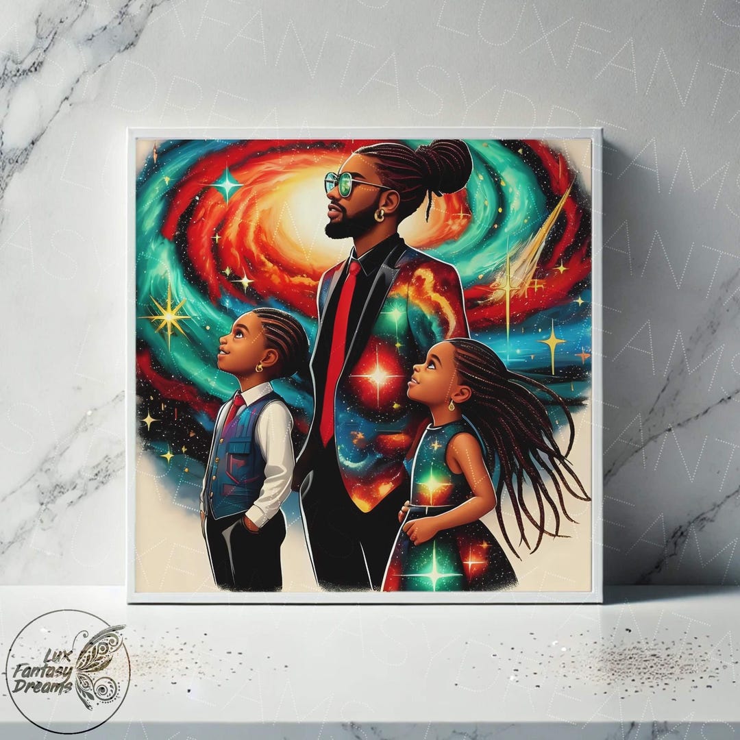 Black Father and Children Illustration Dreadlocks Dad Family Galaxy ...