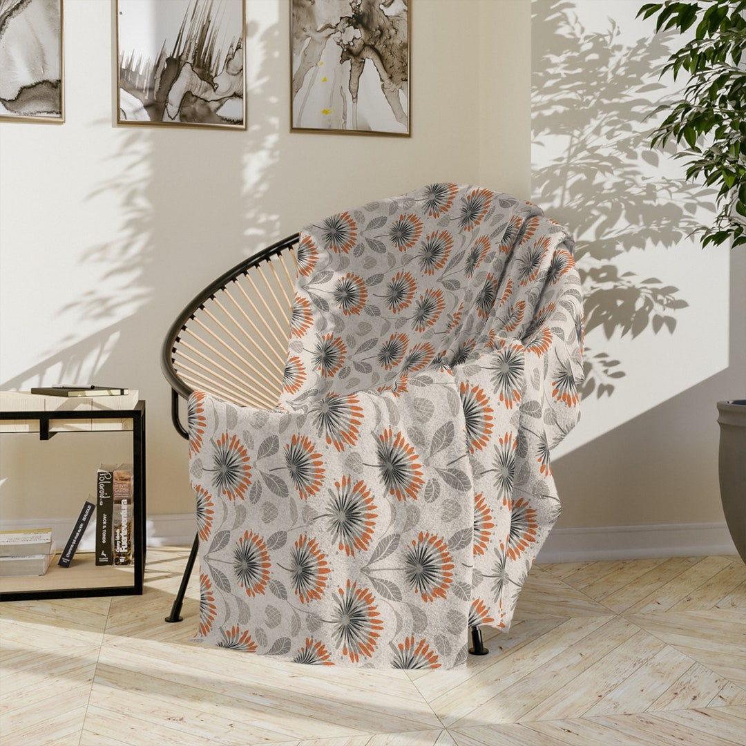 Rust Gray Blanket, MCM Blanket, Botanical Throw, Orange Gray Throw ...