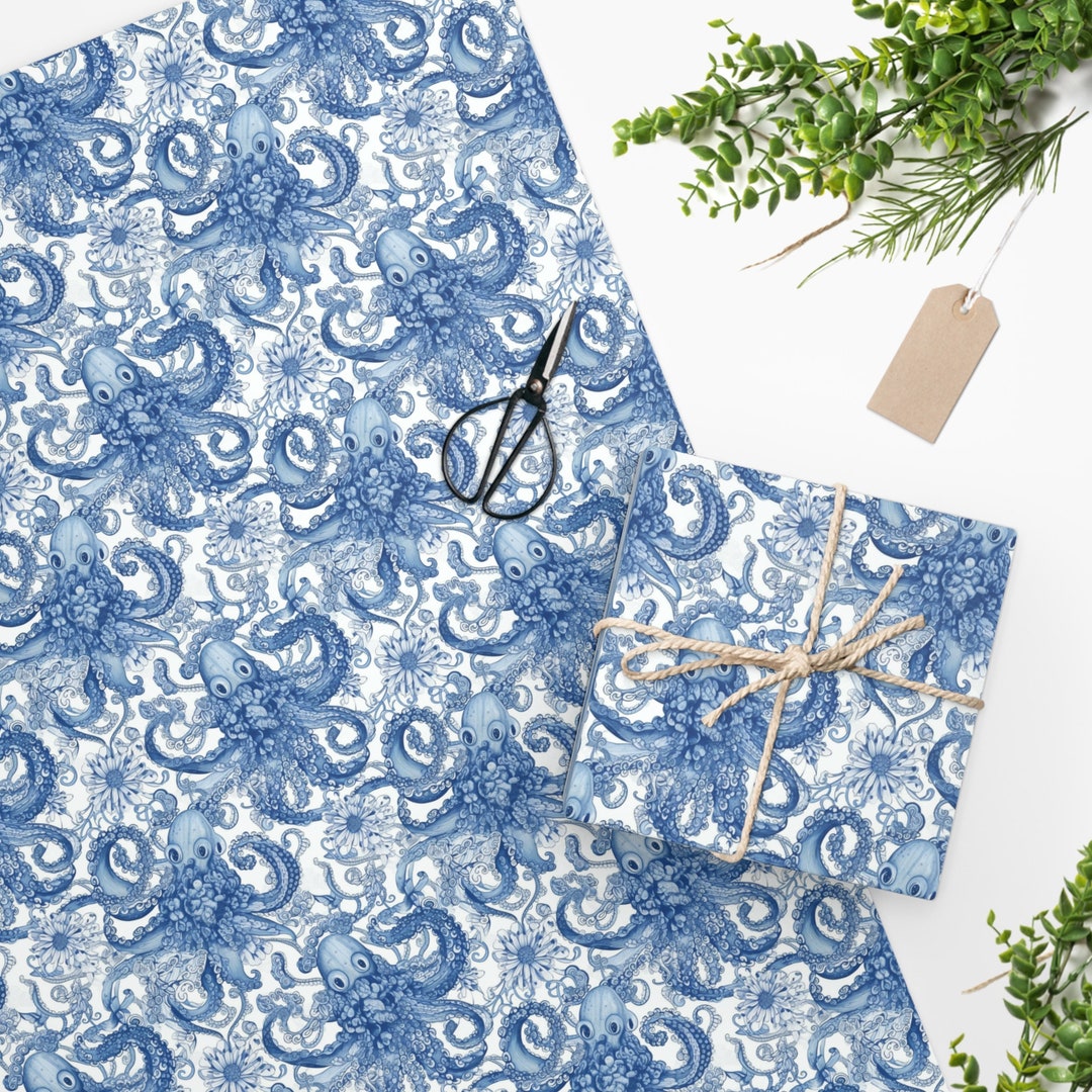 Blue Octopus Wrapping Paper-chinoiserie Octopus Wrapping Paper Blue ...