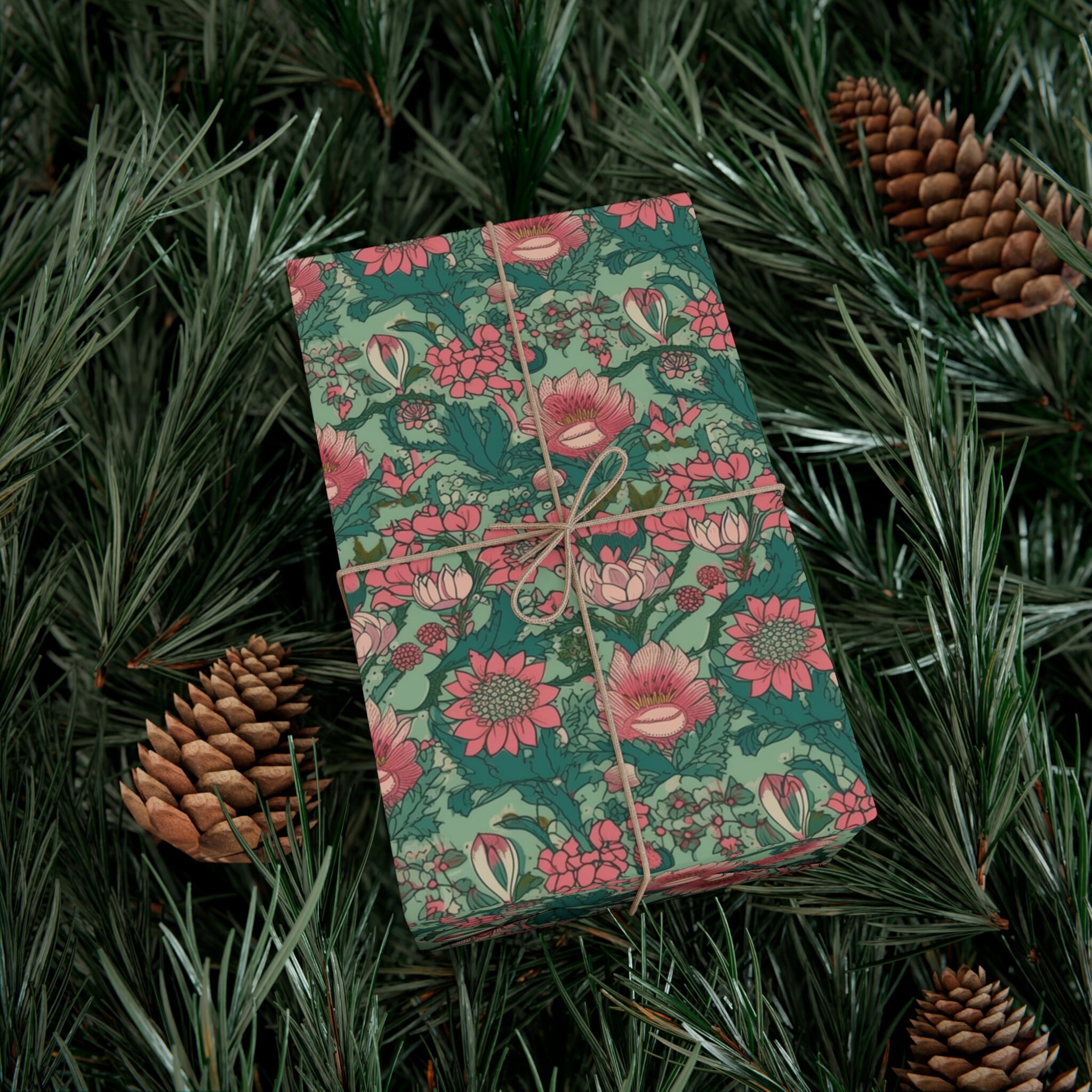 Green Floral Gift Wrap, Green Pink Gift Wrap, Botanical Gift Wrap ...