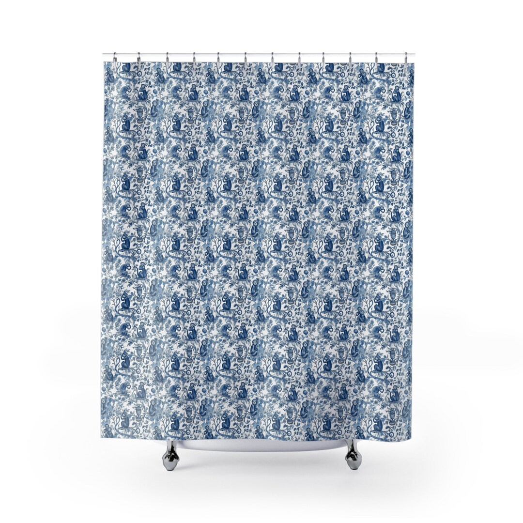 Blue Toile Bath Curtain, Chinoiserie Bath, Blue Monkey Toile, Blue ...