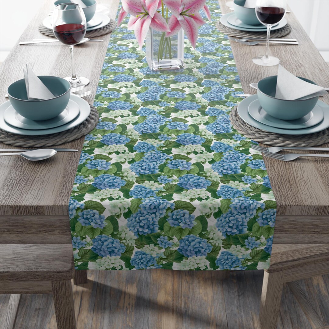 Hydrangea Table Runner, Cotton or Poly, Blue and White, Bright and ...