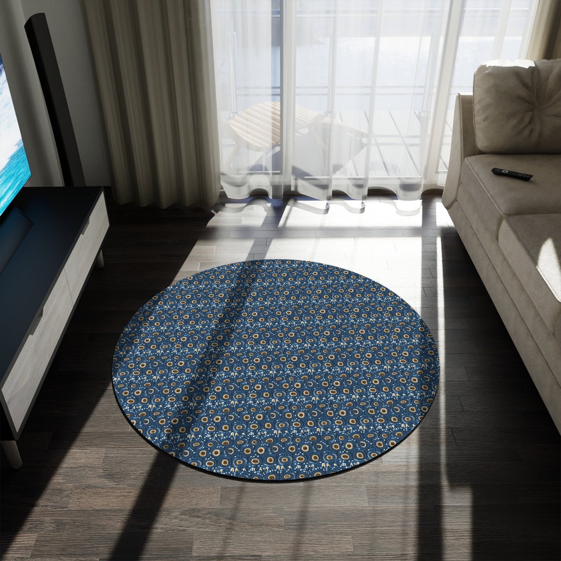 Blue Round Rug, Blue Flower Rug, Round Blue Rug, Accent Rug, Batik Rug ...