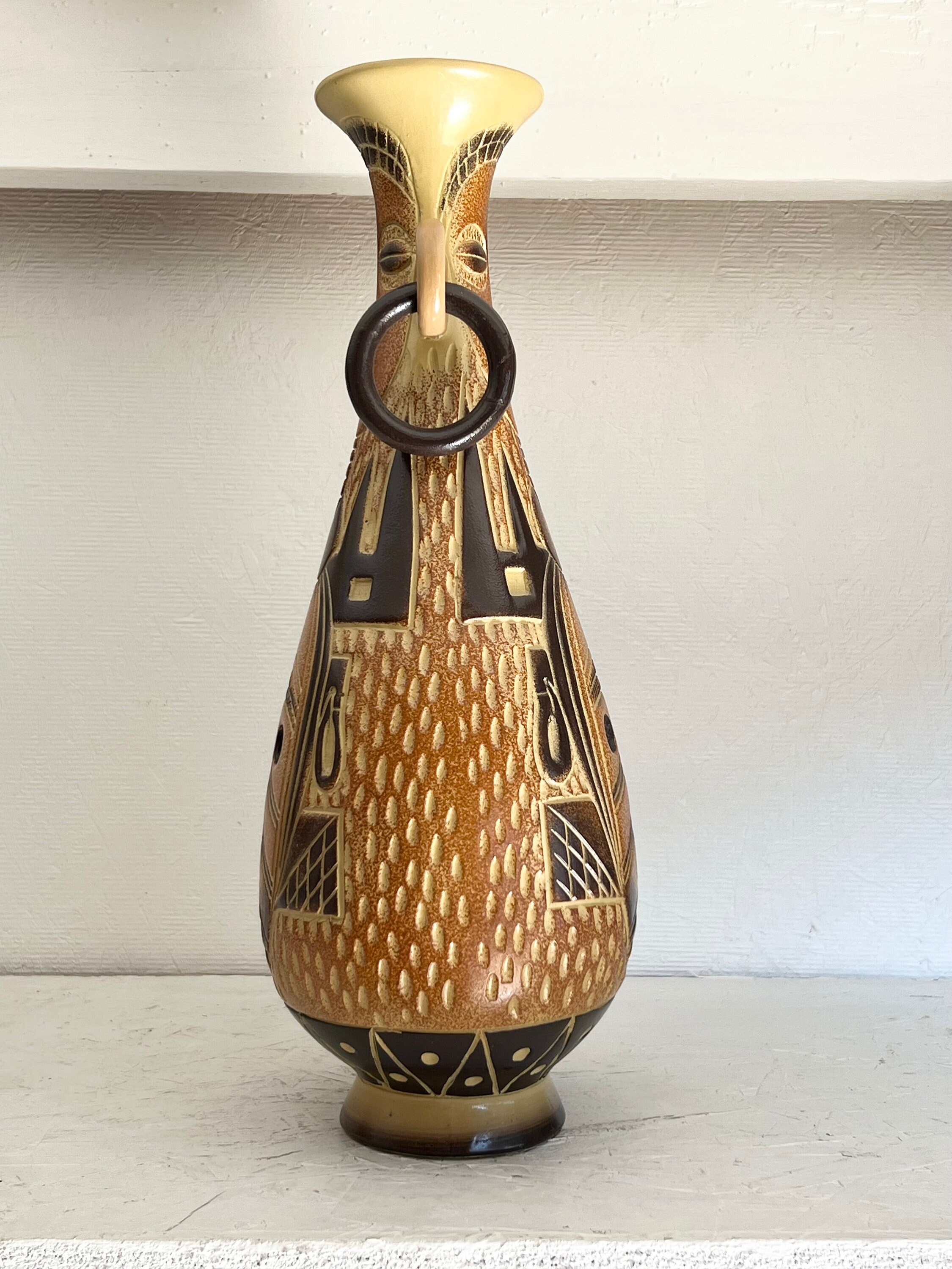 Mid Century Tribal Style Ceramic Vase With Hoop Handles and Faces - Etsy