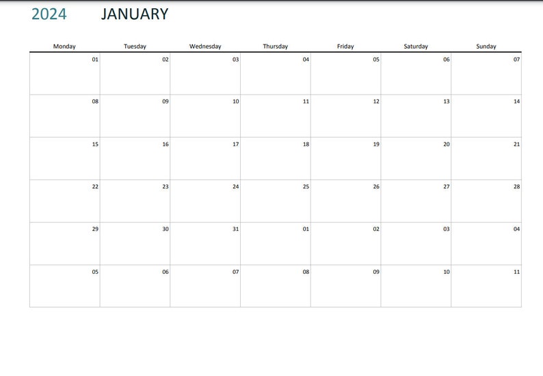 Printable 2024 Calendar Week Starting Monday Simple Etsy