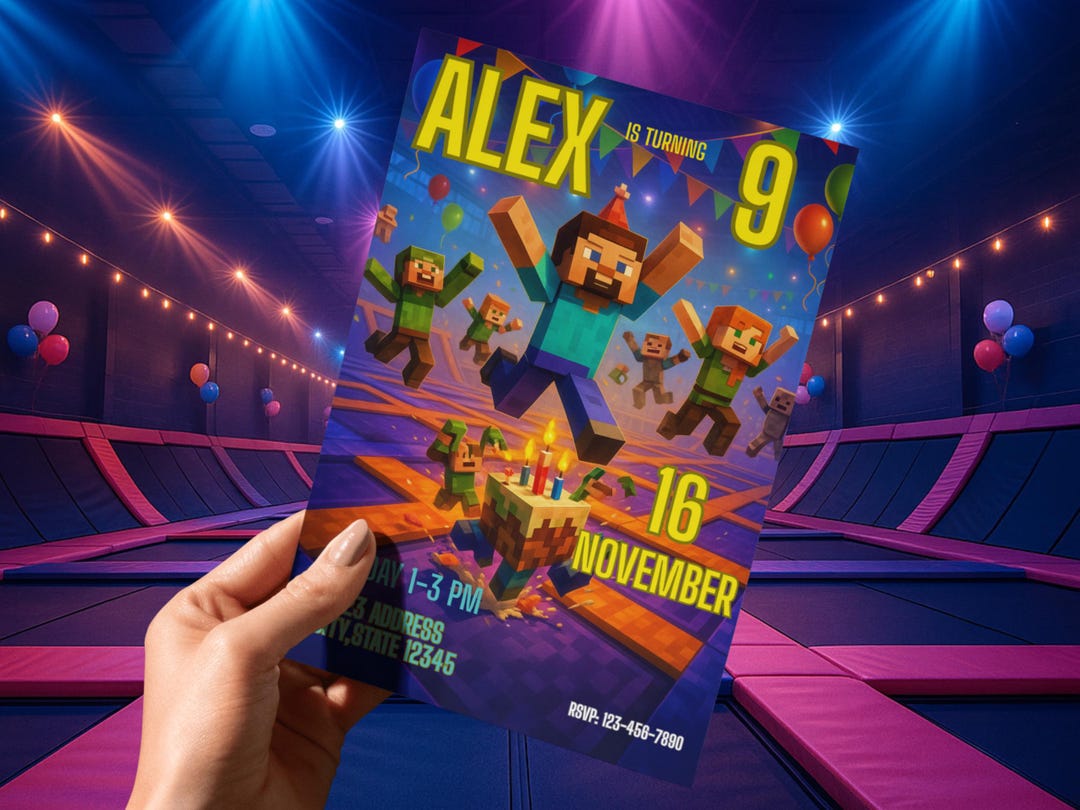 Editable Block Party Trampoline Invite Editable Pixel Game Birthday ...