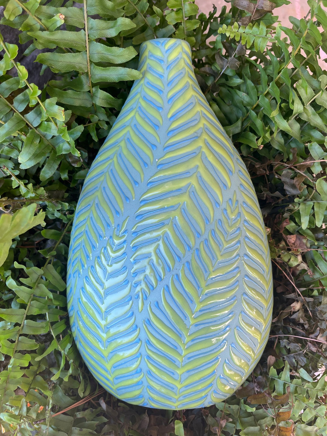 Crate & Barrel Large Fern-pattern Green Ceramic Vase - Etsy