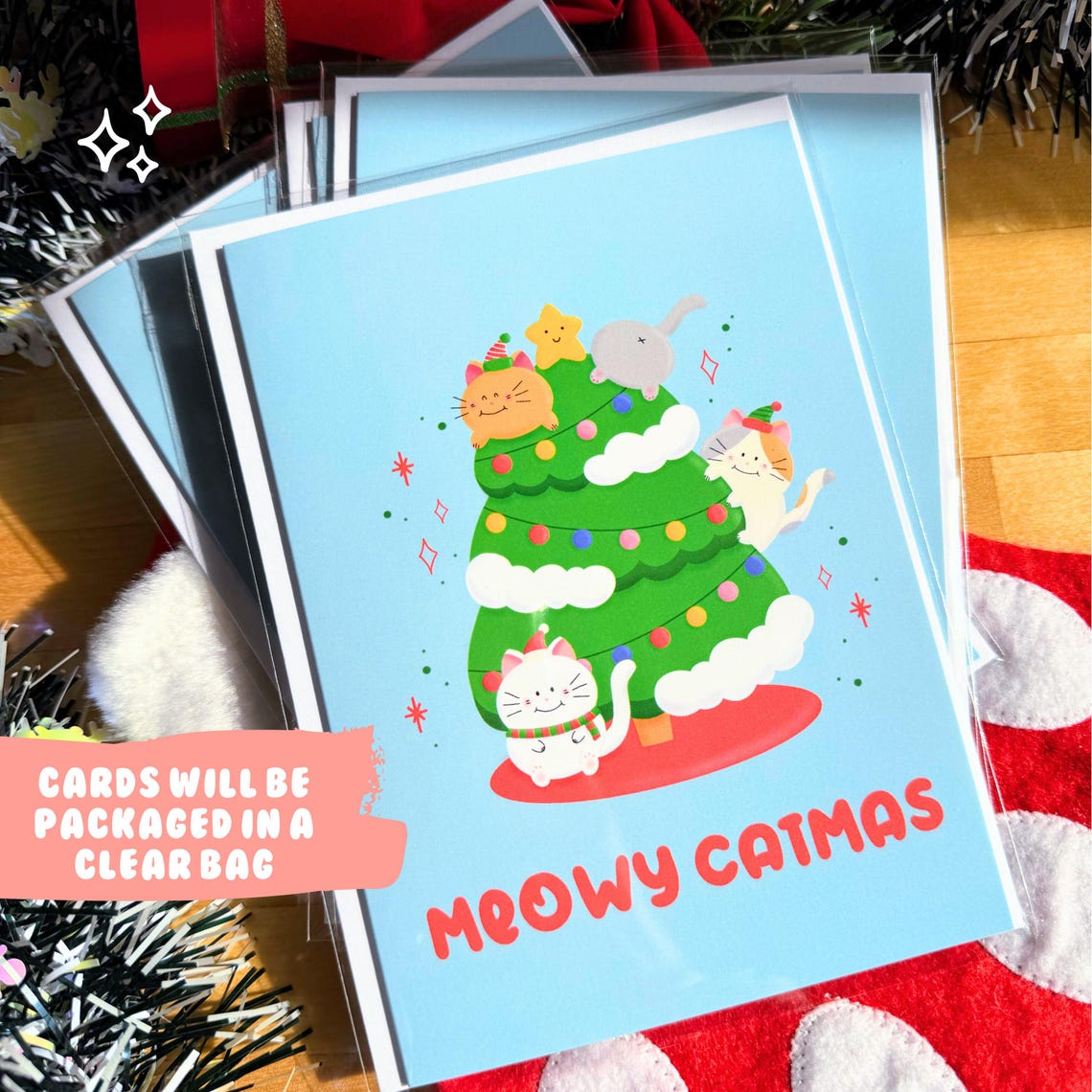Merry Catmas, Christmas Card, Holiday Cat Greeting Card, Cute Cat Xmas ...