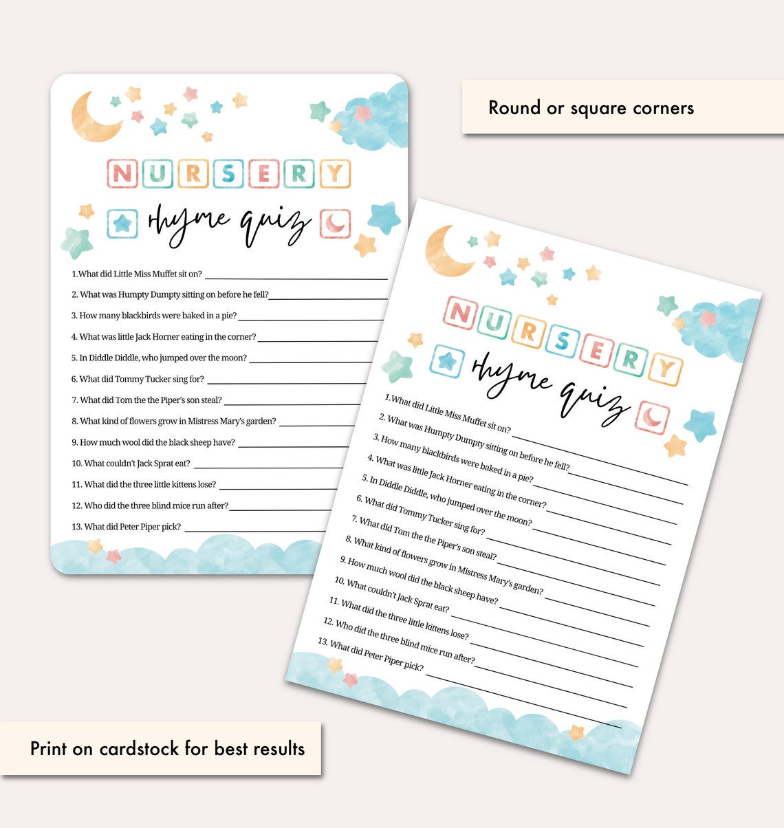 Guess the Nursery Rhyme Game, Printable Baby Shower Game, Moon and Star ...