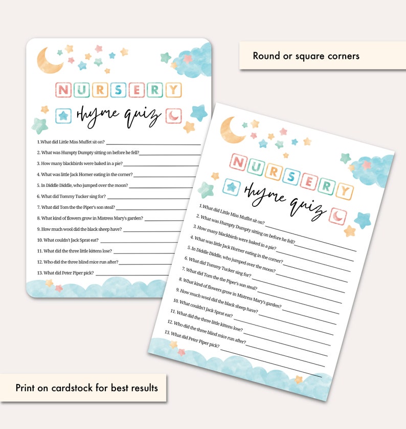 Guess the Nursery Rhyme Game, Printable Baby Shower Game, Moon and Star ...