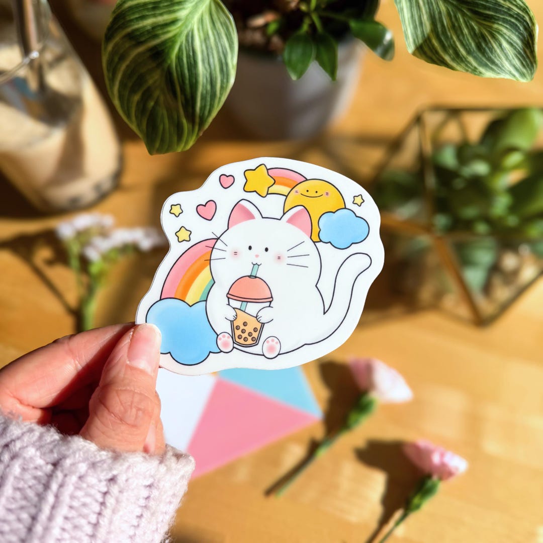 Boba Cat Sticker, Cute Cat Sticker, Boba Milk Tea Cat Sticker, Kawaii ...