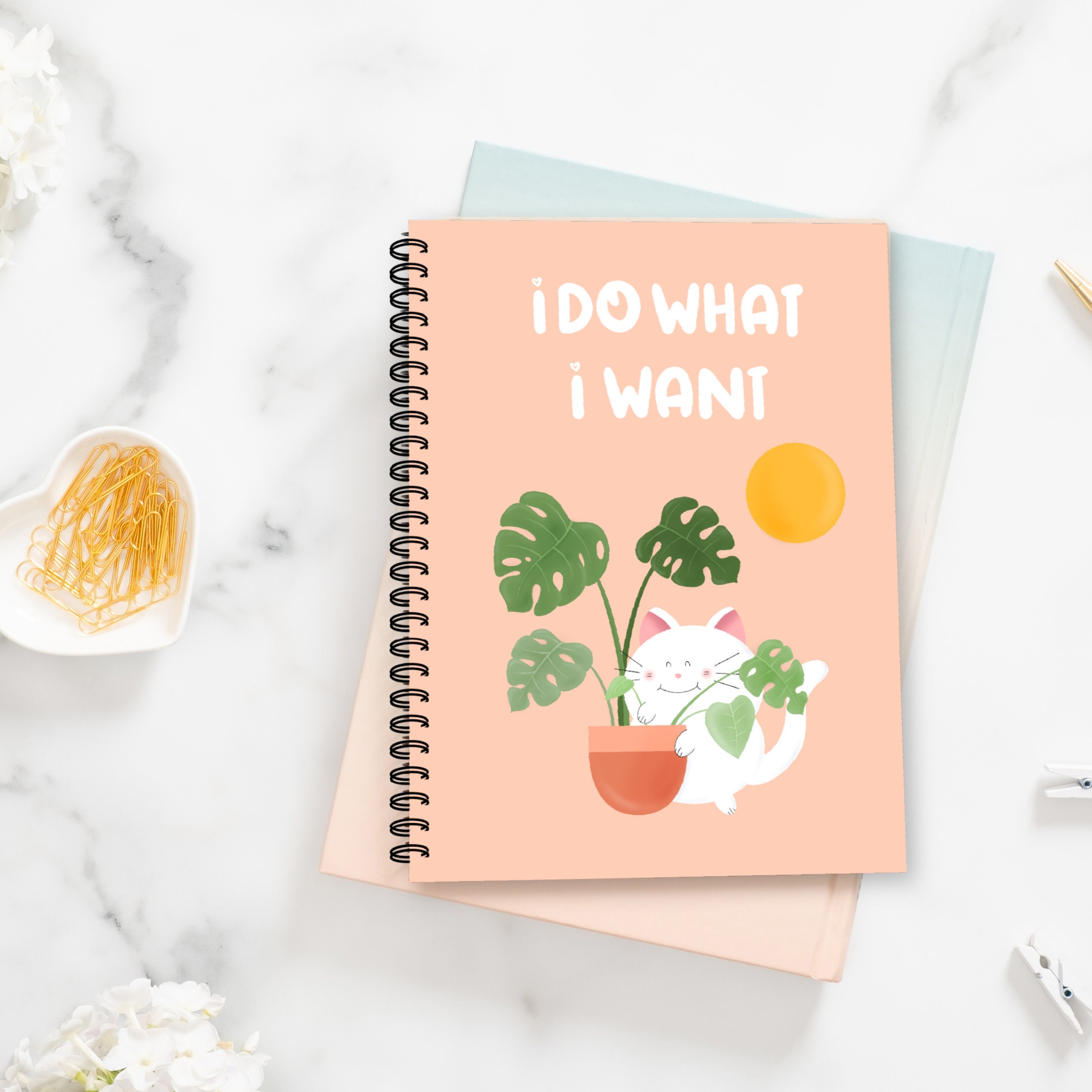 Cat Spiral Notebook, Cute Cat, Kawaii Cat, Pastel Notebook, Monstera ...