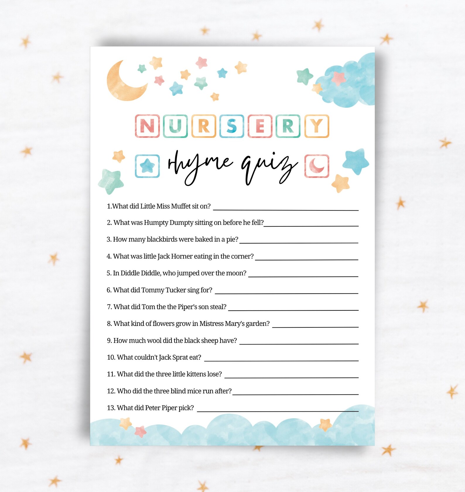 Guess the Nursery Rhyme Game, Printable Baby Shower Game, Moon and Star ...
