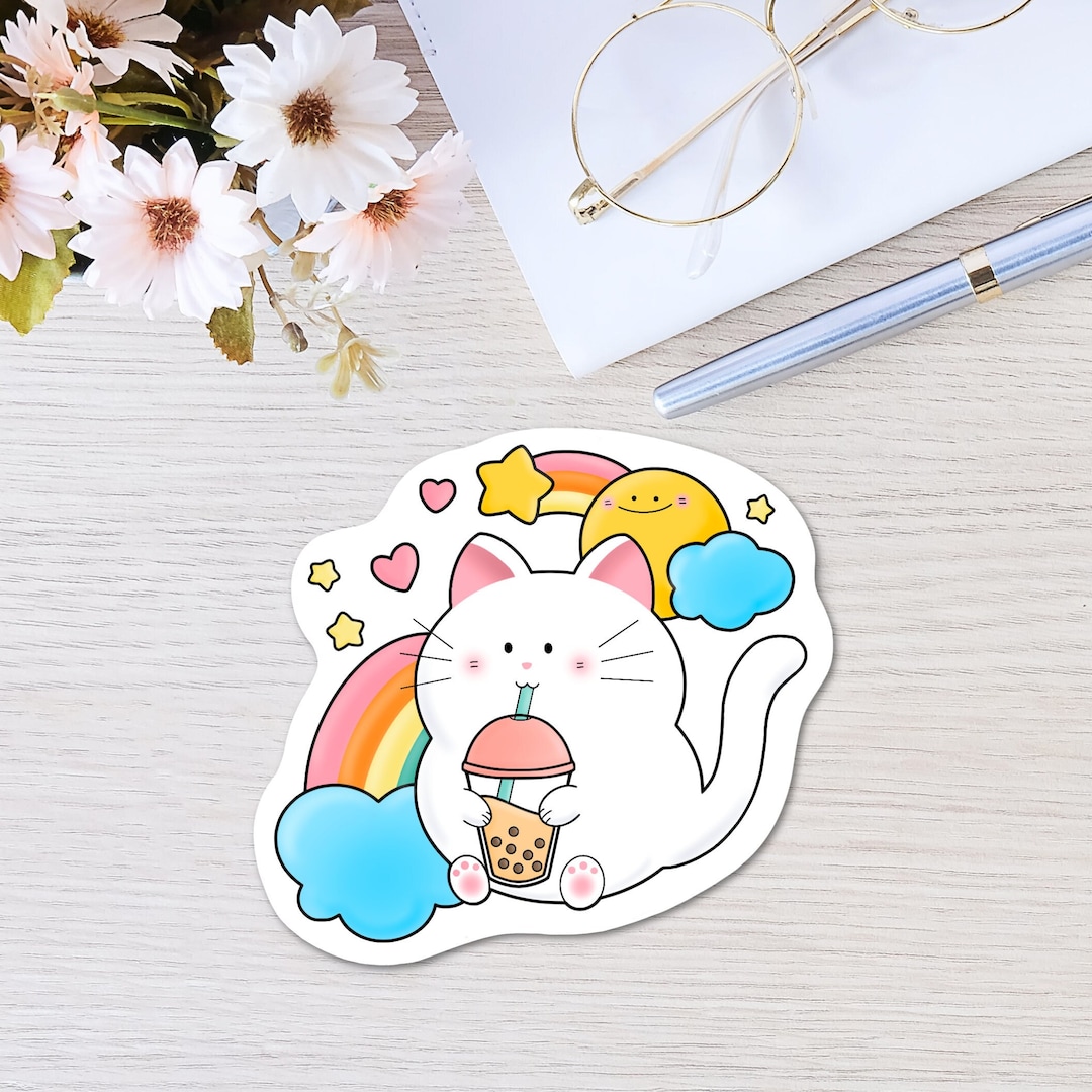 Boba Cat Sticker, Cute Cat Sticker, Boba Milk Tea Cat Sticker, Kawaii ...