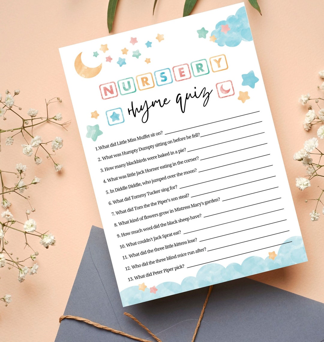 Guess the Nursery Rhyme Game, Printable Baby Shower Game, Moon and Star ...