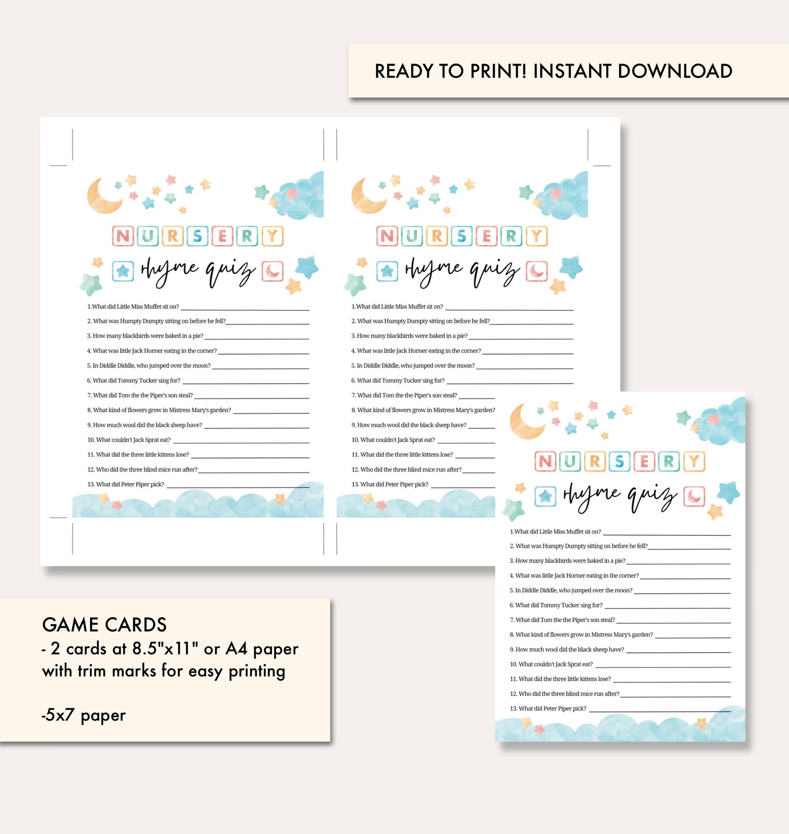 Guess the Nursery Rhyme Game, Printable Baby Shower Game, Moon and Star ...
