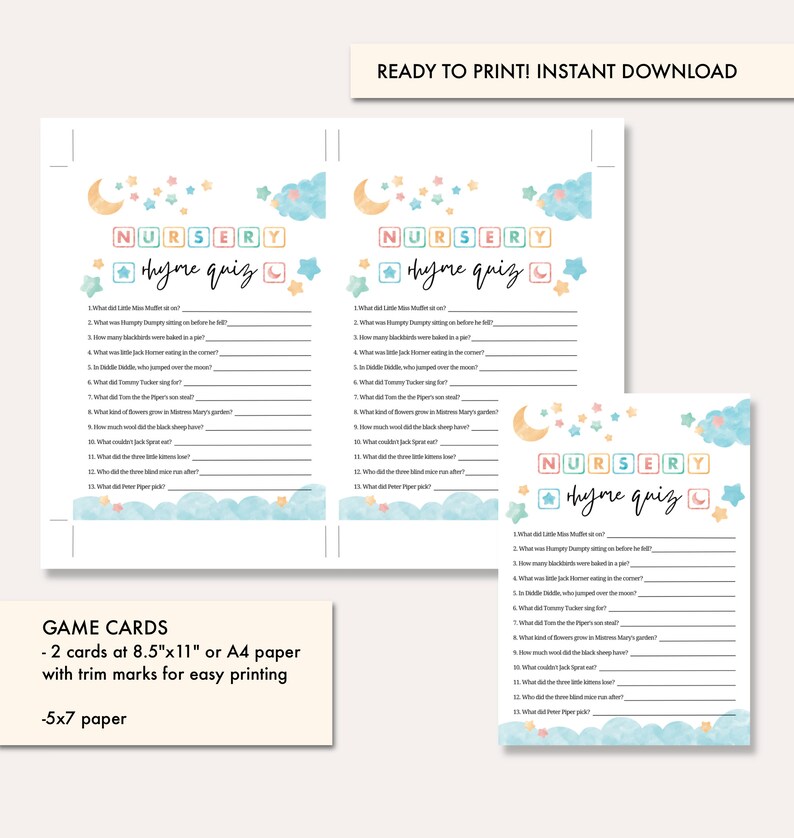 Guess the Nursery Rhyme Game, Printable Baby Shower Game, Moon and Star ...