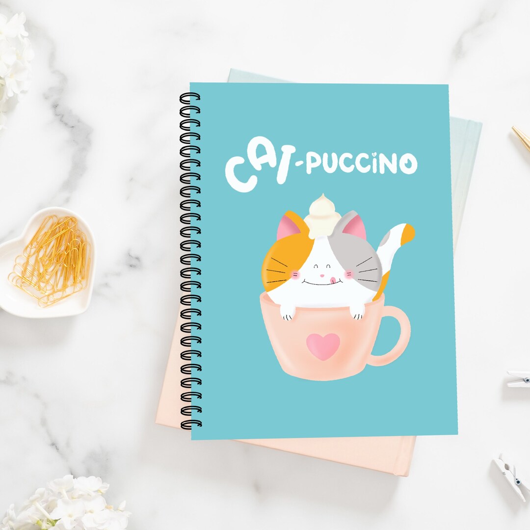 Cat Spiral Notebook, Cute Cat, Kawaii Cat, Pun Art, Coffee Notebook ...