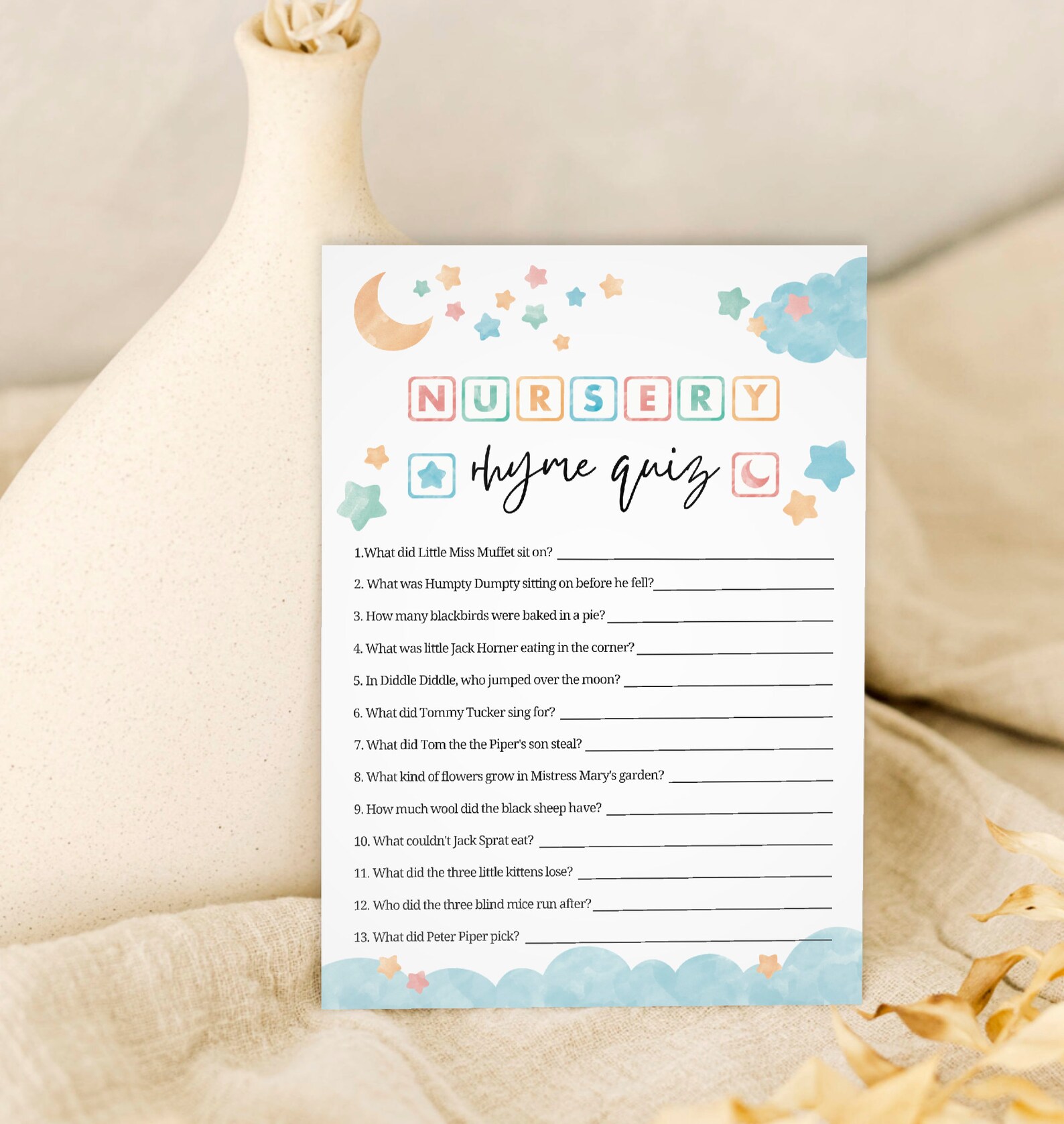 Guess the Nursery Rhyme Game, Printable Baby Shower Game, Moon and Star ...
