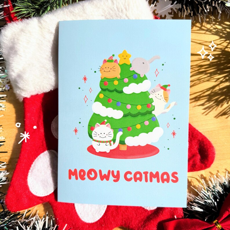 Merry Catmas, Christmas Card, Holiday Cat Greeting Card, Cute Cat Xmas ...