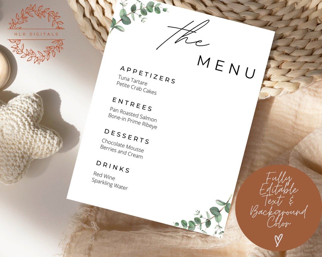 Greenery Menu Template With Eucalyptus (wedding, Bridal Shower, Dinner ...