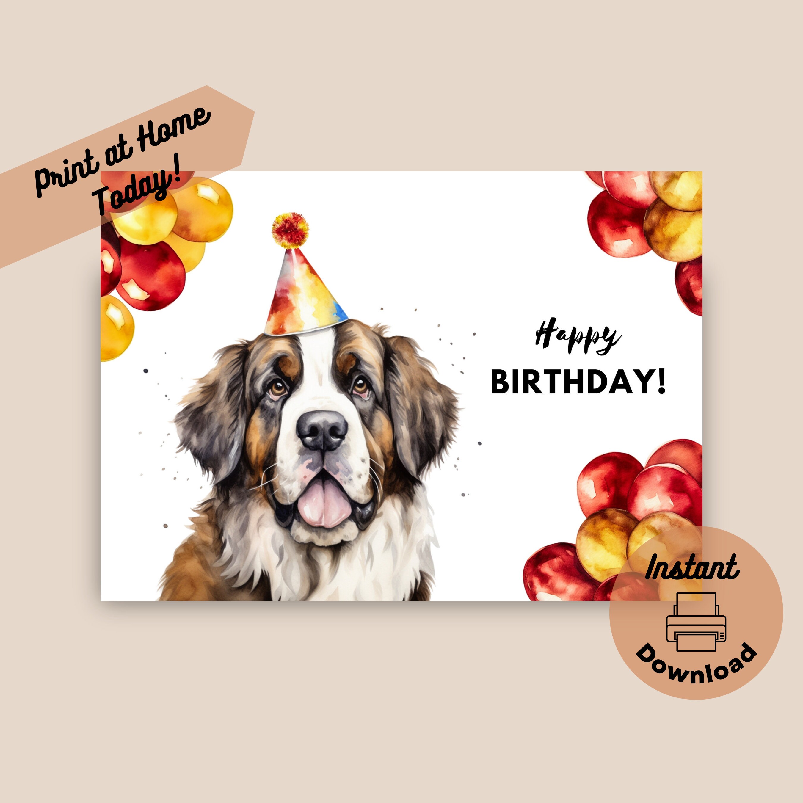 Printable St Bernard Birthday Card Instant Download Print at - Etsy