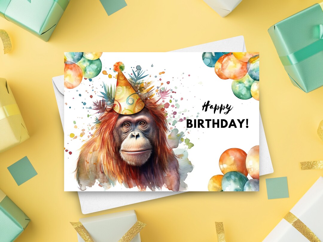 Orangutan Birthday Card With Party Hat, Happy Birthday, Ape Gift, Zoo ...