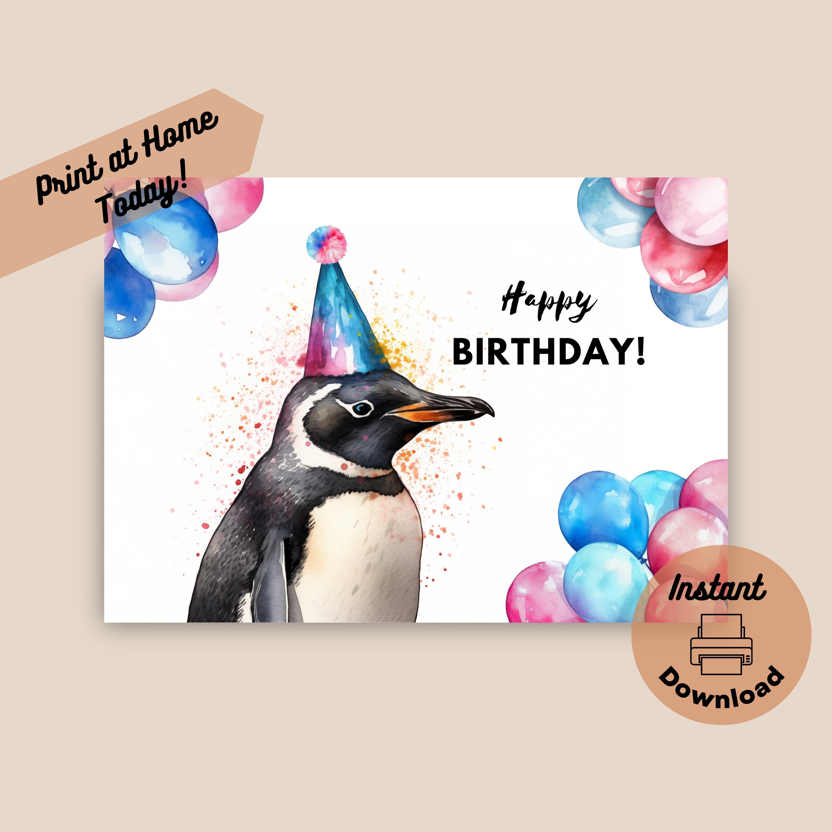 Printable Penguin Birthday Card Instant Download Print at - Etsy