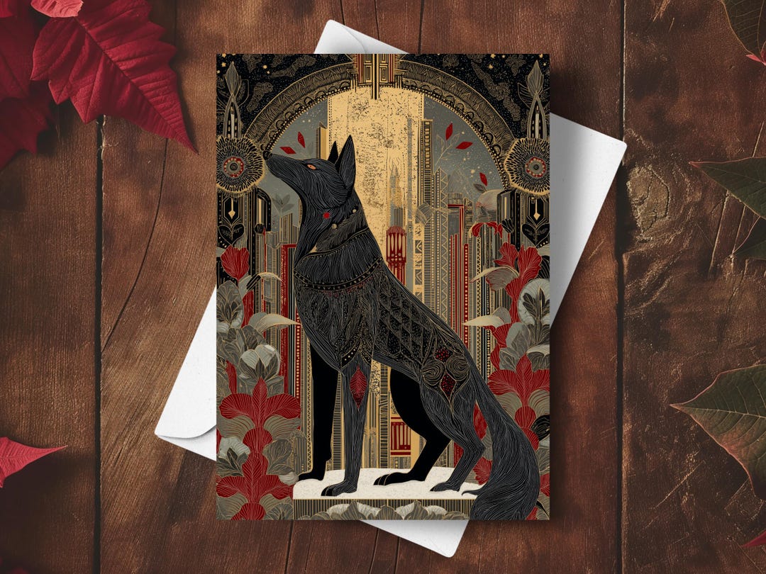 Gothic Black Dog Holiday Card, Art Deco Fox Hound Christmas Greeting ...