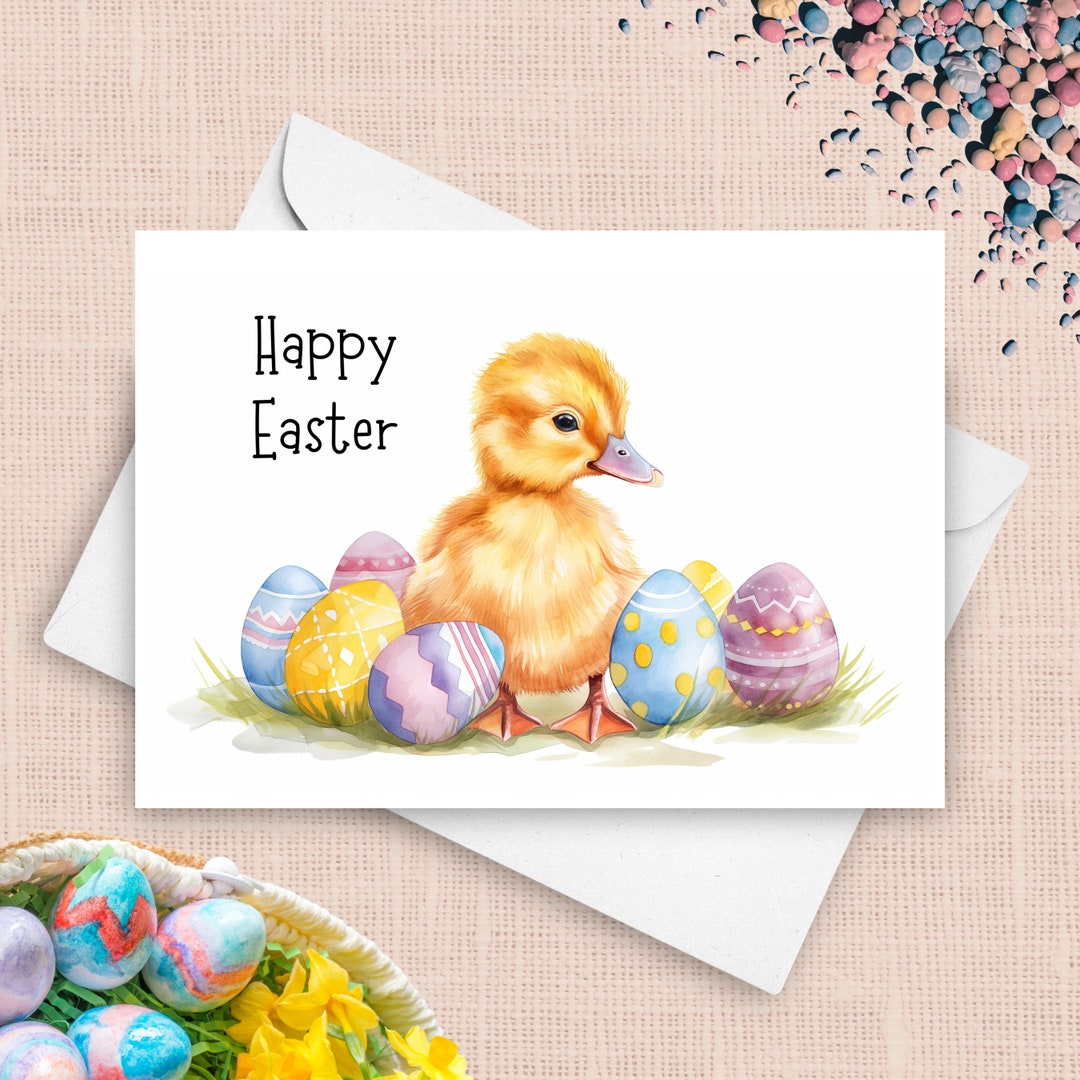 Baby Duck Easter Card, Duckling With Pastel Easter Eggs Greeting, Cute ...