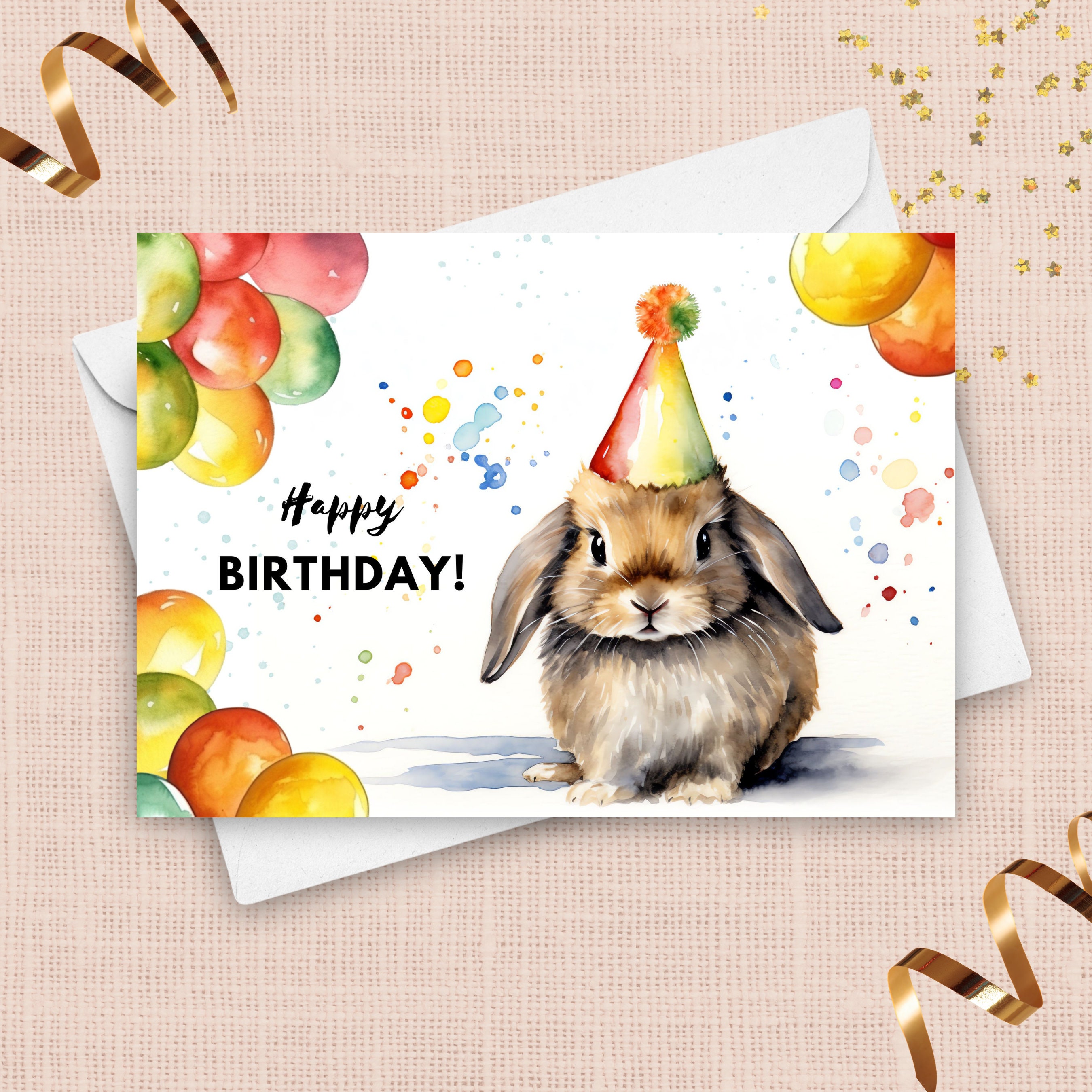 Rabbit Birthday Card, Happy Birthday Party Hat and Balloons, Mini Lop ...