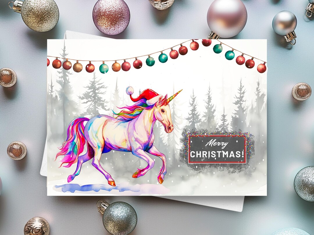 Unicorn Christmas Card, Merry Christmas Unicorn Wearing A Santa Hat ...