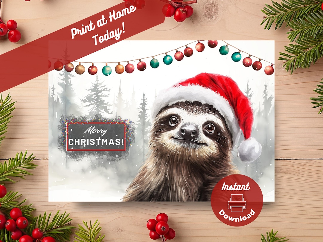 Printable Sloth Christmas Card, Instant Digital Download Print at Home ...