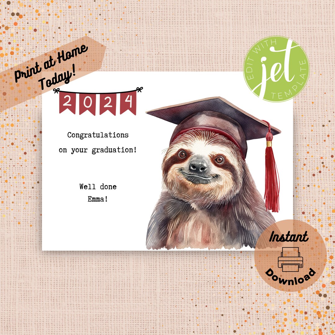 Printable Personalized Sloth Graduation Card, Print at Home Editable ...