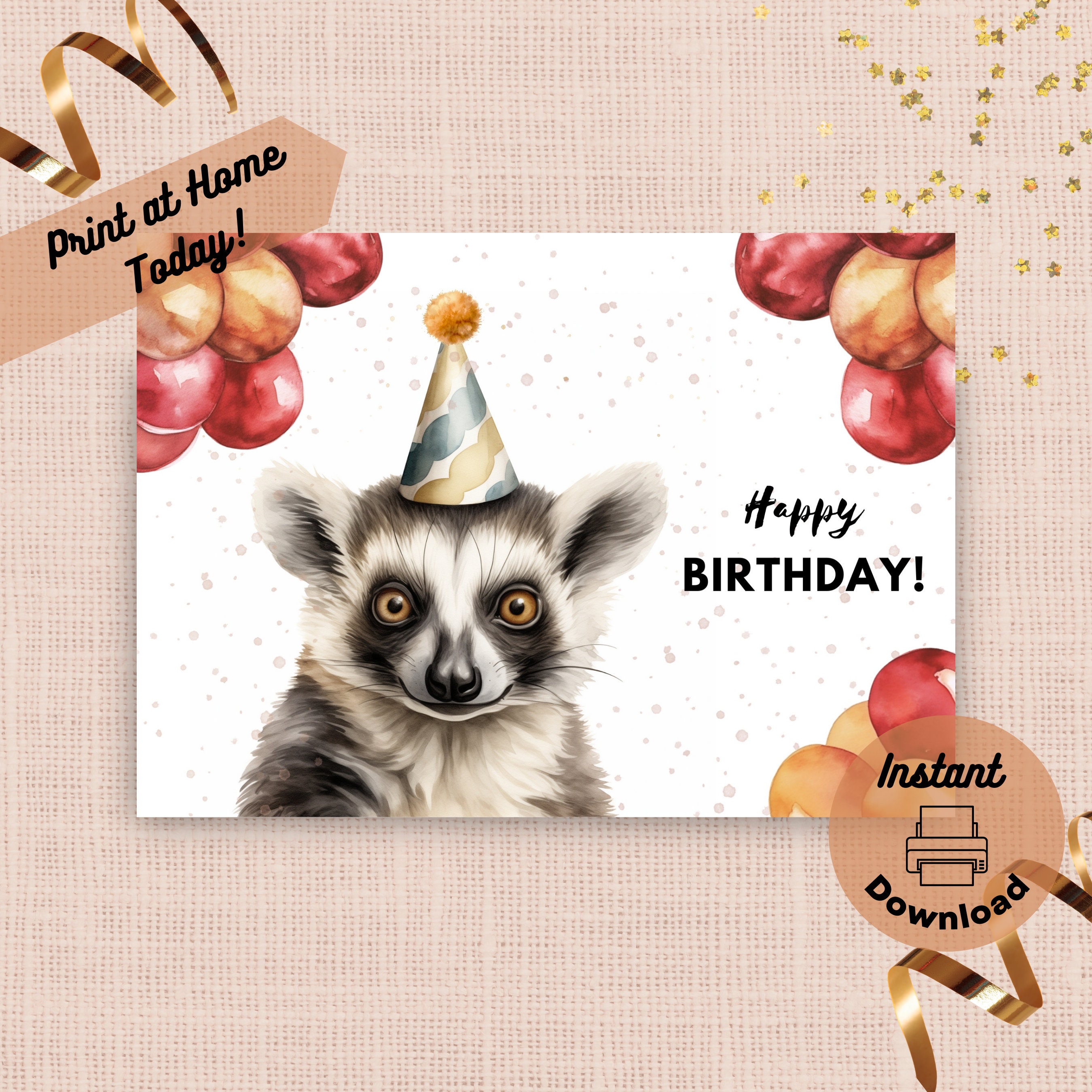 Printable Lemur Birthday Card, Instant Download, Print at Home Card ...
