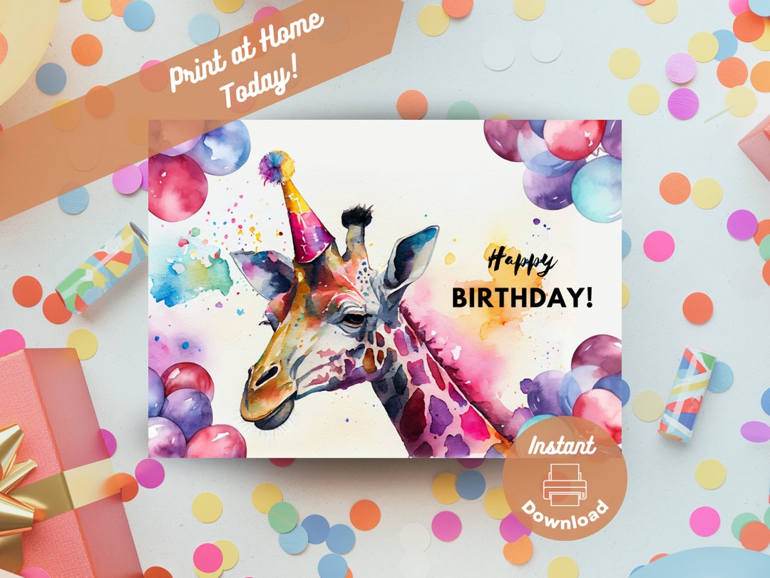 Printable Giraffe Birthday Card, Instant Digital Download Print at Home ...