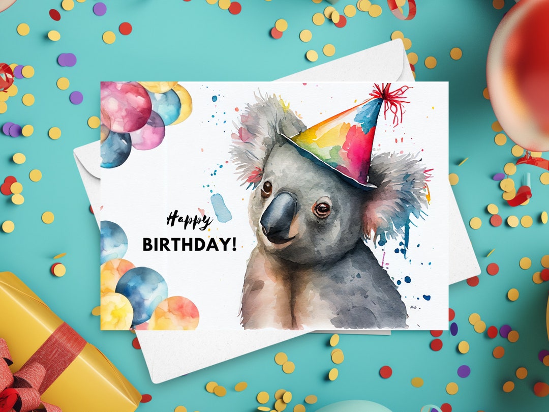 Koala Birthday Card With Party Hat, Happy Birthday, Koala Bear Gift ...