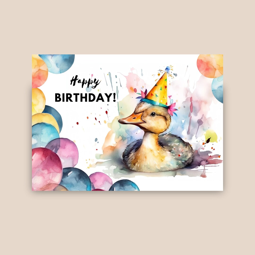 Cute Duck Birthday Card With Party Hat Happy Birthday Duck - Etsy