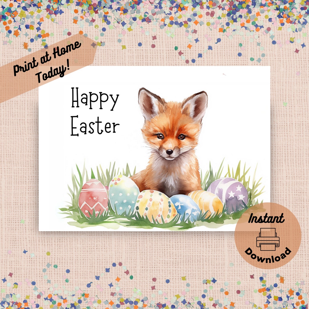 Printable Fox Easter Card, Instant Download Print at Home Easter Eggs ...