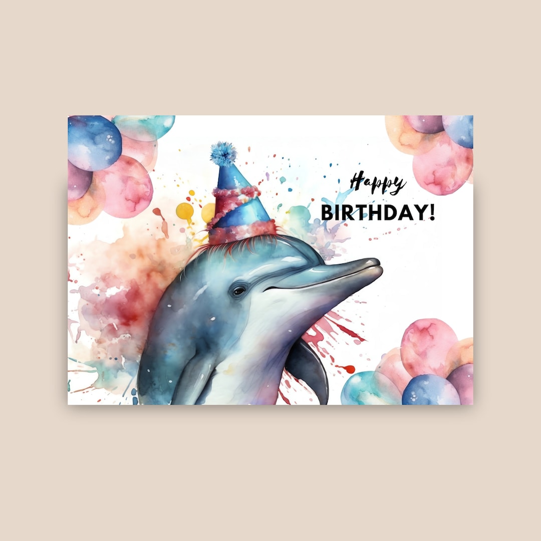Dolphin Birthday Card, Party Hat, Happy Birthday, Dolphin Gift ...