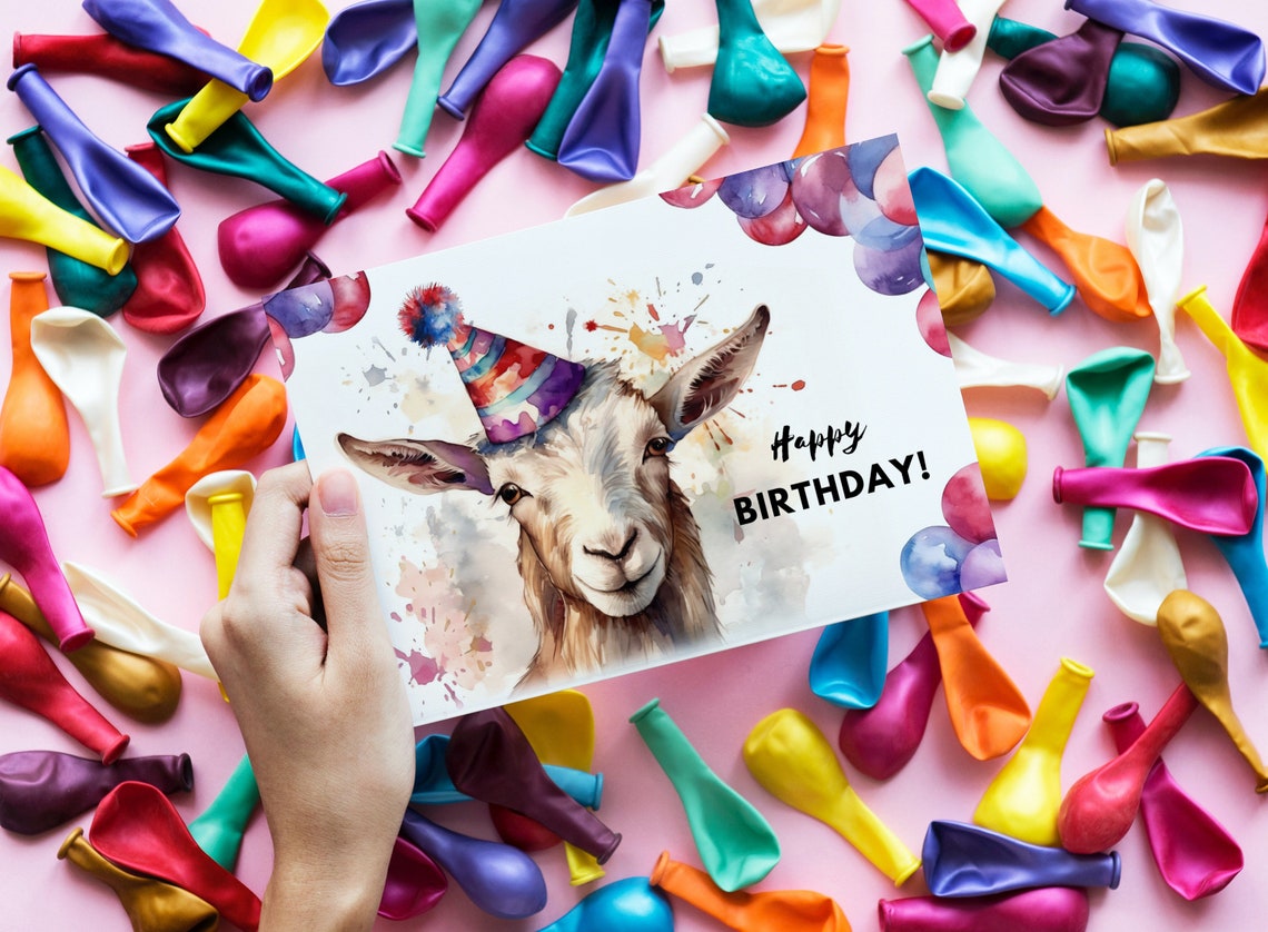 Goat Birthday Card Wearing Party Hat and Balloons, Farm Birthday Themed ...