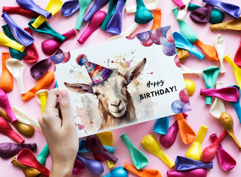 Goat Birthday Card Wearing Party Hat and Balloons, Farm Birthday Themed ...
