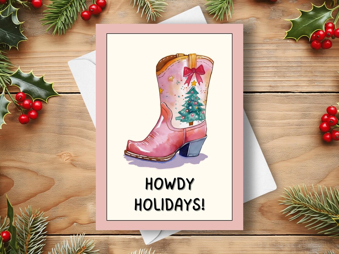 Cowgirl Christmas Card, Howdy Holiday, Pink Cowgirl Boots Western Rodeo ...