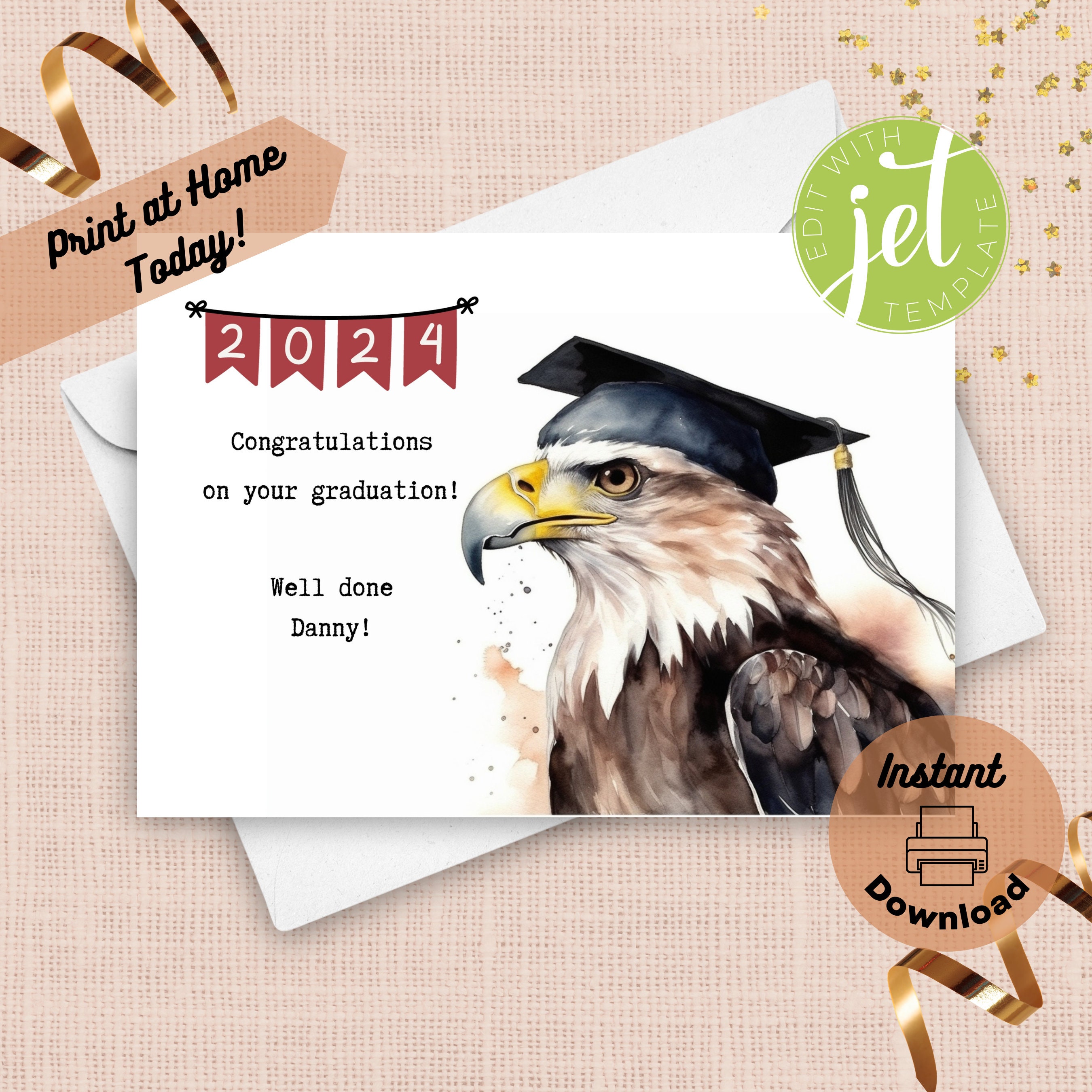 Printable Personalized Eagle Graduation Card, Print at Home Editable ...