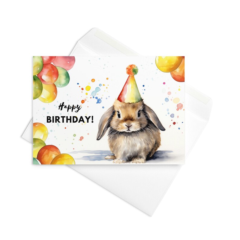 Rabbit Birthday Card, Happy Birthday Party Hat and Balloons, Mini Lop ...