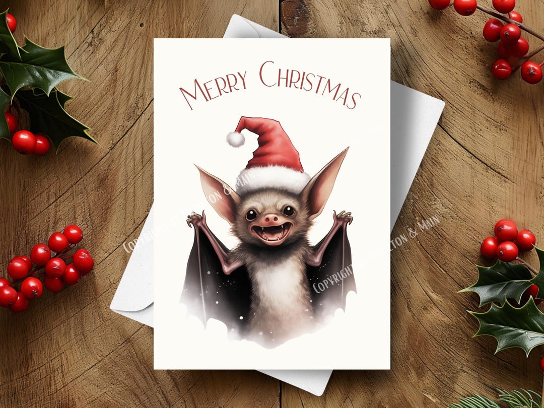 Bat Christmas Card, Cute Scary Christmas Bat Wearing A Santa Hat, Snowy ...