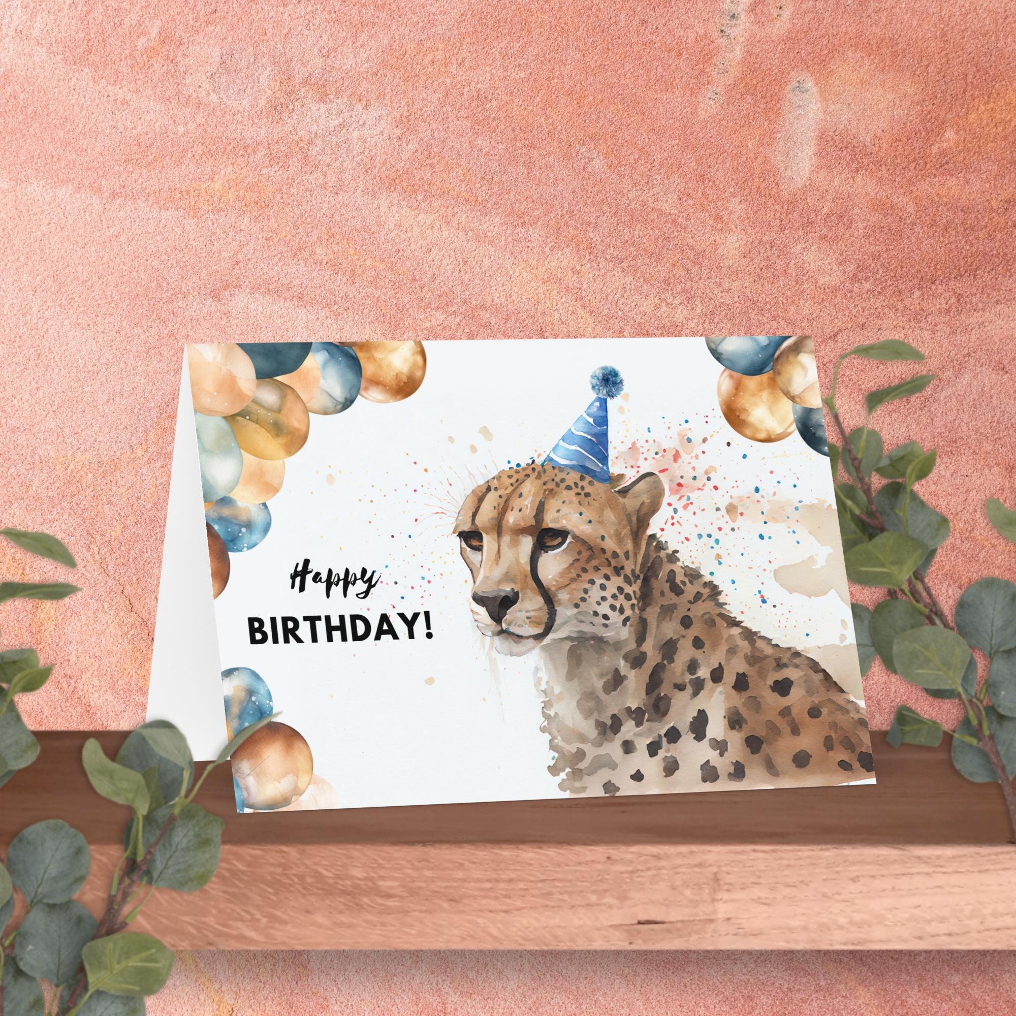 Cheetah Birthday Card With Party Hat, Happy Birthday, Big Cat Gift, Zoo ...
