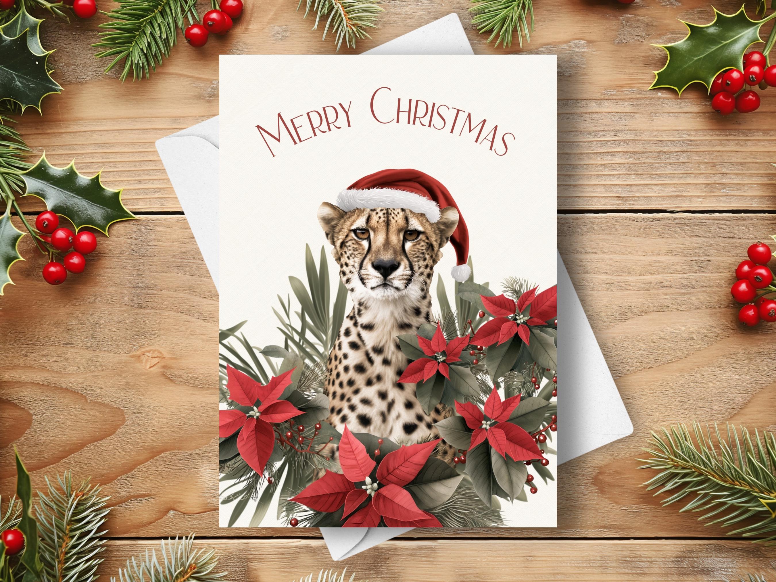 Cheetah Christmas Card, Wearing A Santa Hat and Red Poinsettia Garland ...